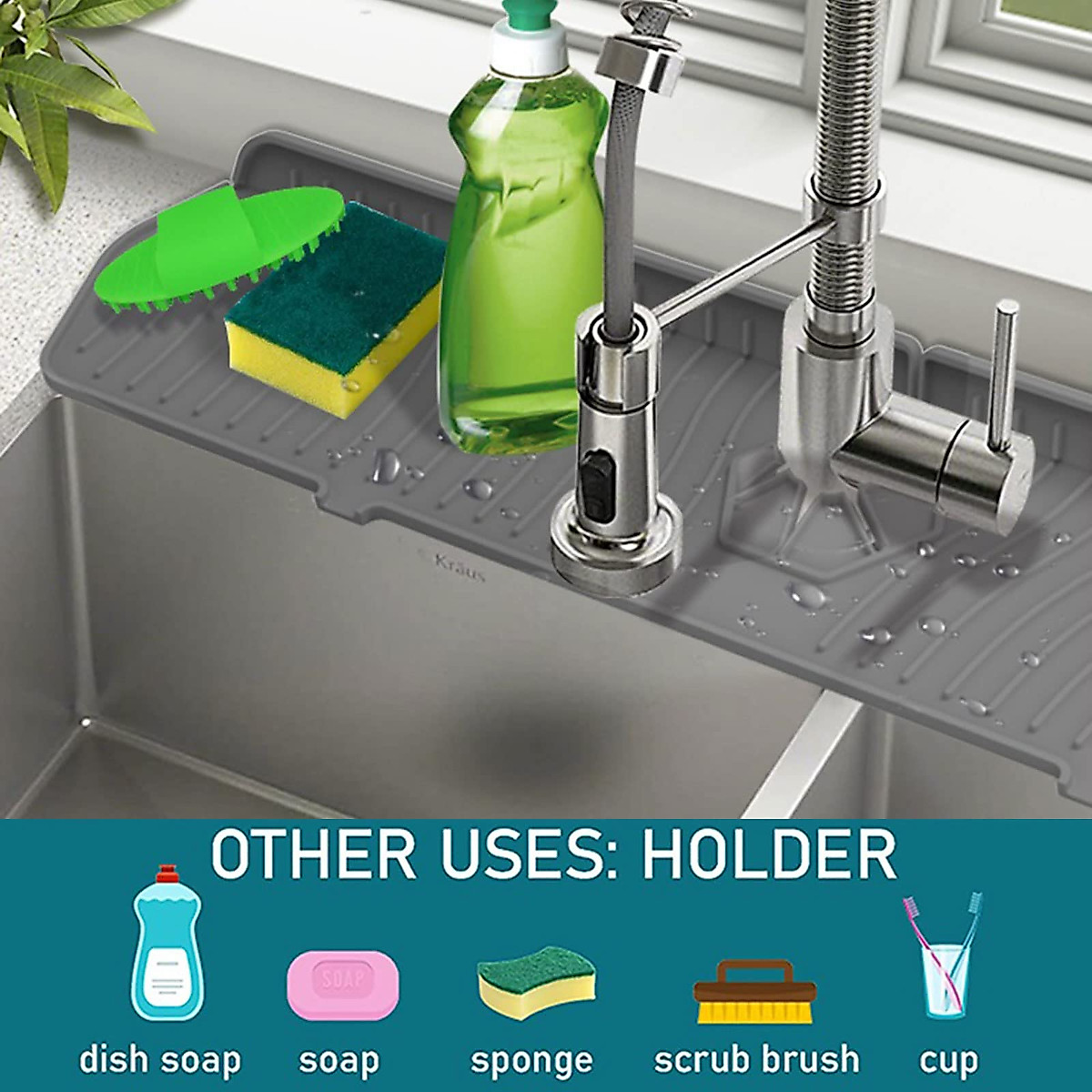 AMLETBH Silicone Sink Faucet Pad, Drip Protector Splash Countertop Protection, Kitchen Faucet Sink Splash Guard, Bathroom Faucet Water Catcher Mat, Sink Draining Pad Behind Faucet (L, Grey), Gray