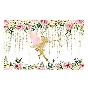 Funnytree Floral Fairy Birthday Party Backdrop for Photography Pink and Gold Fairy Tale Tea Flowers Wonderland Princess Girl Baby Shower Background Decoration Banner Supplies Photo Booth
