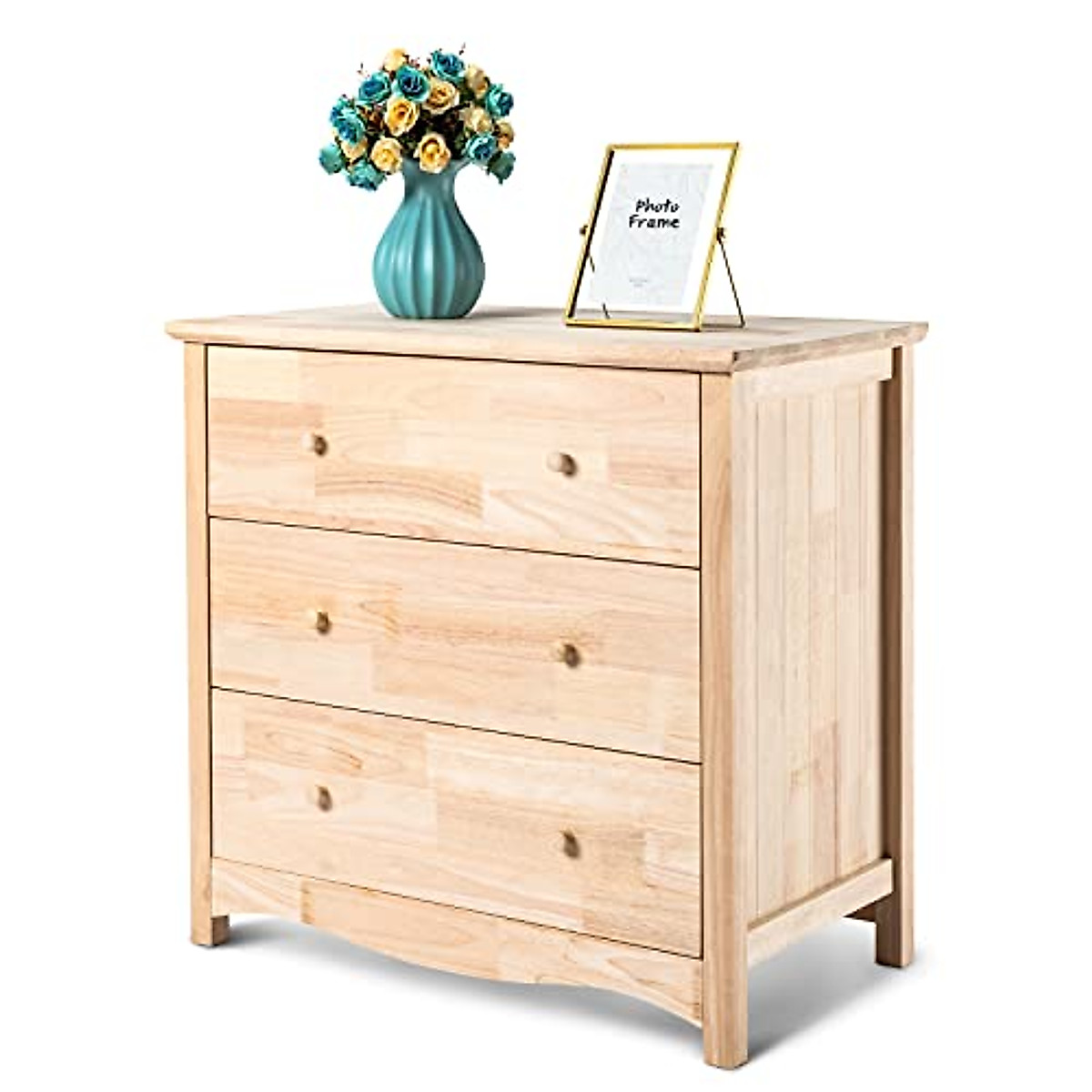 VINGLI Unfinished Natural Solid Wood 3 Drawer Dresser for Bedroom, Farmhouse Dressers & Chests of Drawers Color DIY Rubber Wood Dresser with Full Extension Drawer Slides & Wood Knobs Rustic Style