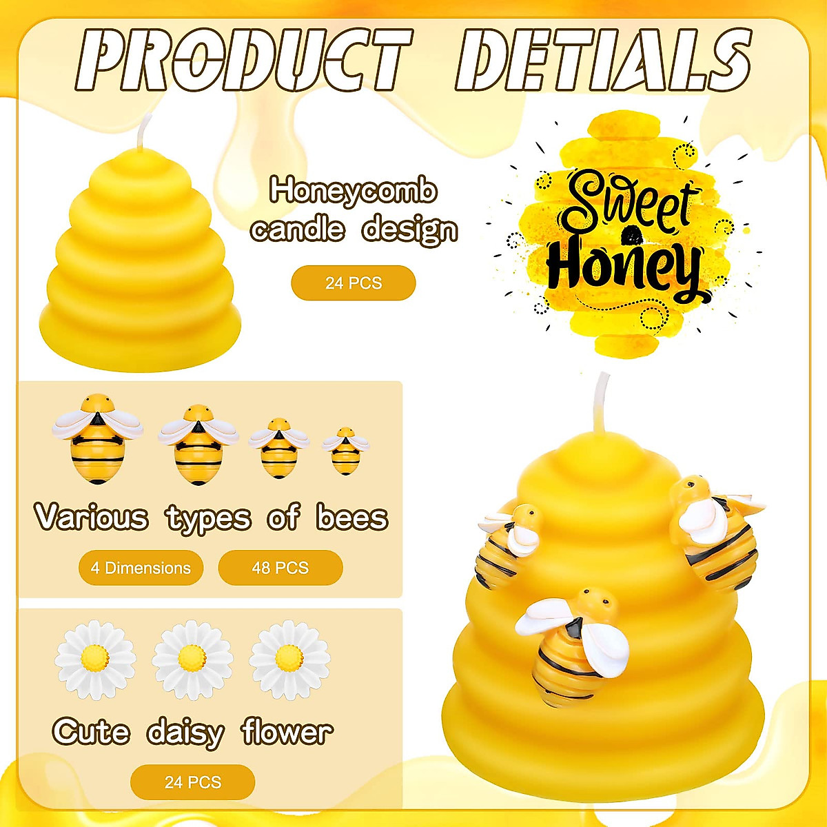 Amyhill 96 Pcs Beeswax Baby Shower Candles Set Includes 24 Pcs Beehive Votive Candles, 48 Pcs Little Resin Fake Bees, 24 Pcs White Daisy Flower Bee Themed Gift for Home Shower Party Favors Decor