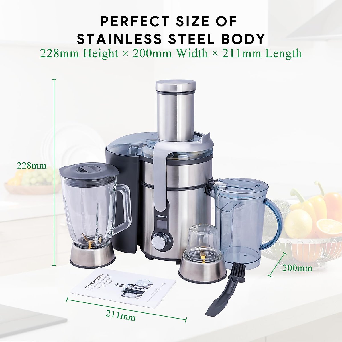 GOTMORE Juicer Machine, Blender & Grinder Combo 3 in 1 for Smoothies, Juice, Processing, Grinding & More 1300W Centrifugal Juice Extractor for Fruit Vegetable with 5 Speeds LCD Screen, Easy to Clean