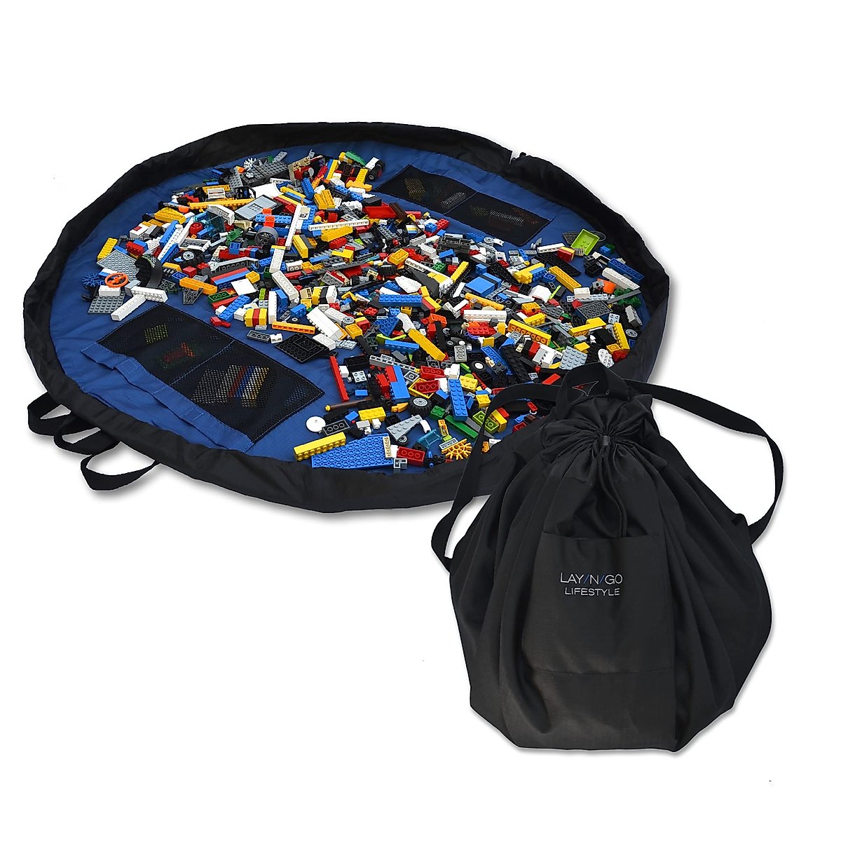 Lay-n-Go 4-in-1 Drawstring Toy Storage Organizer Mat - Durable Machine Washable Drawstring Bag for Lego & Other Toys - Easy-to-Clean Pull String Bag w/ 4 Mesh Pockets & Raised Lip (44”, Blue/Black)