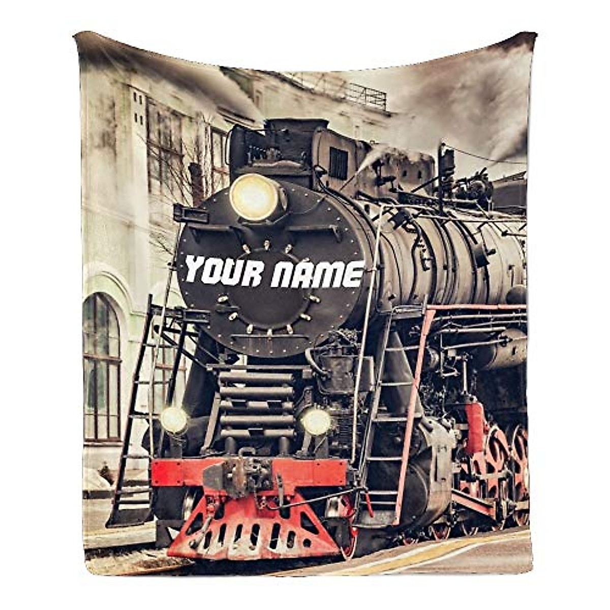 CUXWEOT Custom Blanket with Name Text,Personalized Retro Steam Train Super Soft Fleece Throw Blanket for Couch Sofa Bed (50 X 60 inches)