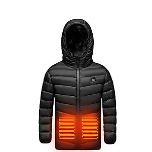 COMIOR Kids Heated Jacket with Hood, Boys Girls Winter Hooded Coats Waterproof Windproof Heated Vest, USB Charging Electric Body Warmer Down Jacket for Outdoor Cycling Hiking 4-15Years