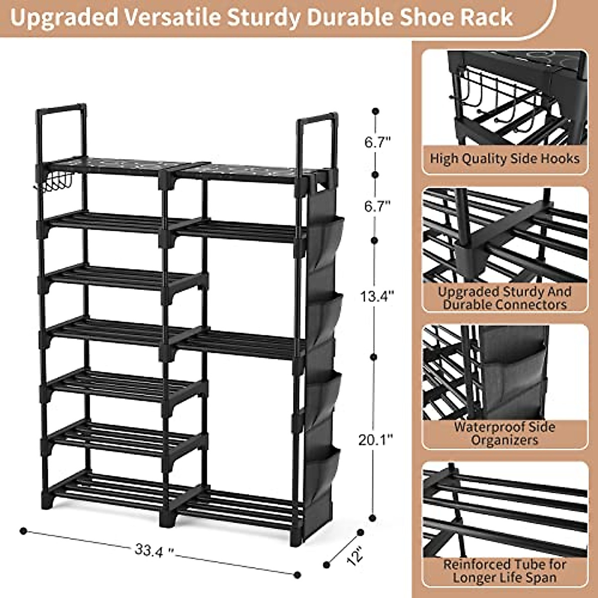 ROJASOP 7-Tier Shoe Rack for Entryway Closet, 25-28 Pairs Tall Garage Shoe Rack for Closet with Side Hooks Large Shoe Rack Storage Organizer Metal Stackable Boot Shoe Rack for Garage, Bedroom