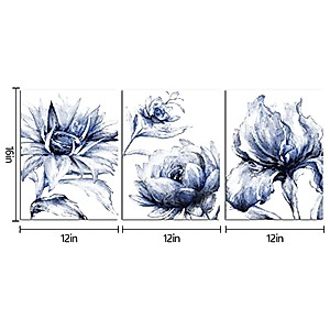 HOMEOART Blue Flower Picture Wall Decor Floral Canvas Print Bathroom Decor Wall Art Blue Elegant Flower Art Print Framed Ready to Hang (12x16inchx3 Pieces)