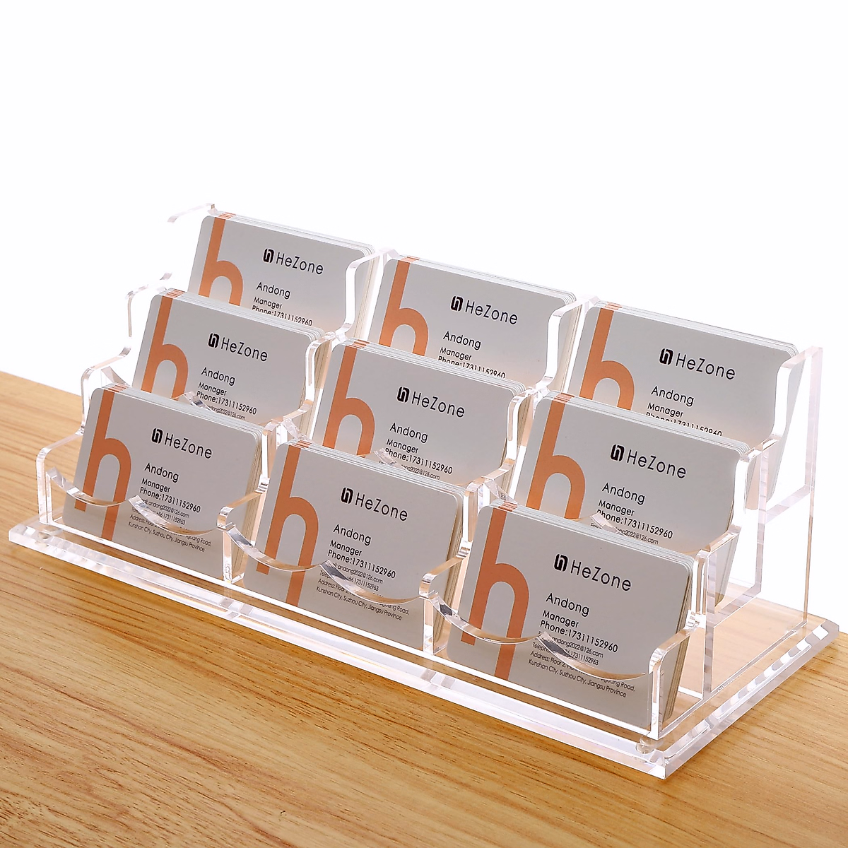 Business Card Holder for Desk, Multiple Cards Display Stand Rack for Women and Men, Clear Acrylic Card Organizer 9 Slot 3 Tiers