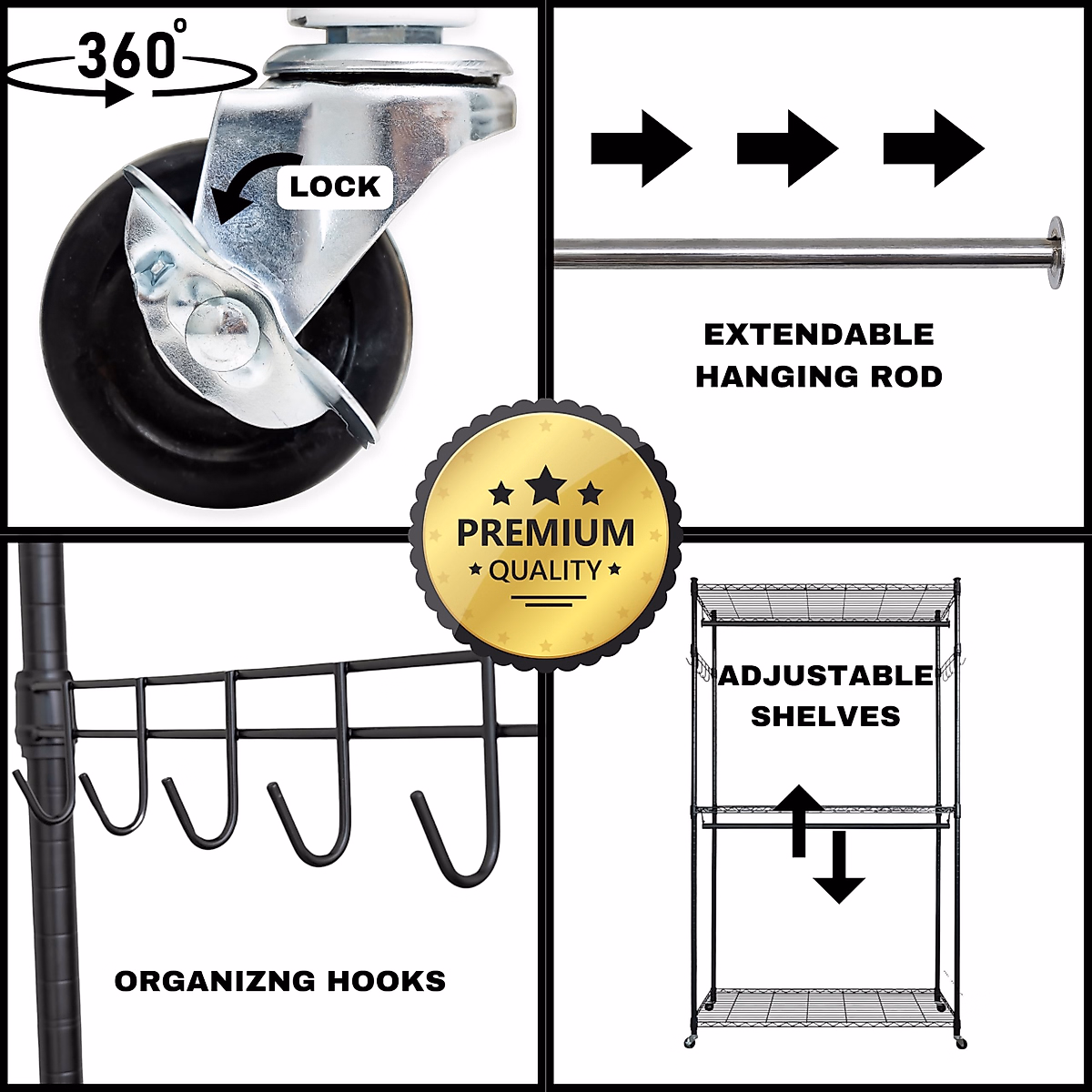 Rossmore Home Essentials Heavy Duty Rolling Garment Rack 3 Tiers Adjustable Wire Shelving Clothes Rack with Double Rods and Side Hooks, Freestanding Wardrobe Storage Rack Metal Clothing Rack, White(L)