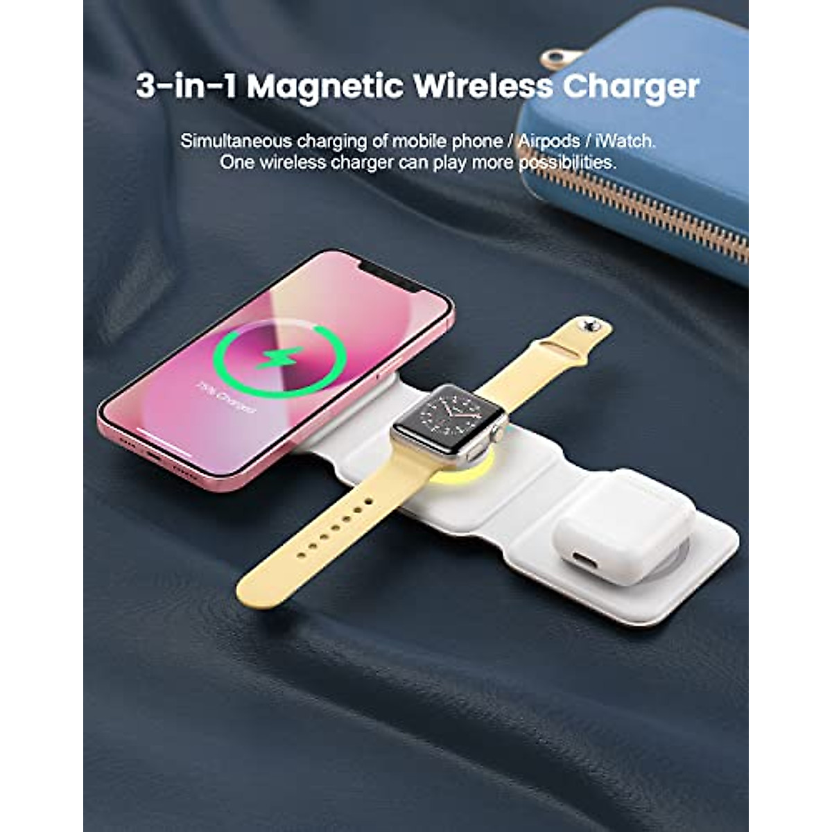 CYBORIS Wireless Charger 3 in 1, 15W Charging Station Magnetic Foldable, Wireless Charging Station for Multiple Devices Compatible with iPhone, Samsung, AirPods 3/2/Pro, iWatch (Adapter Included)