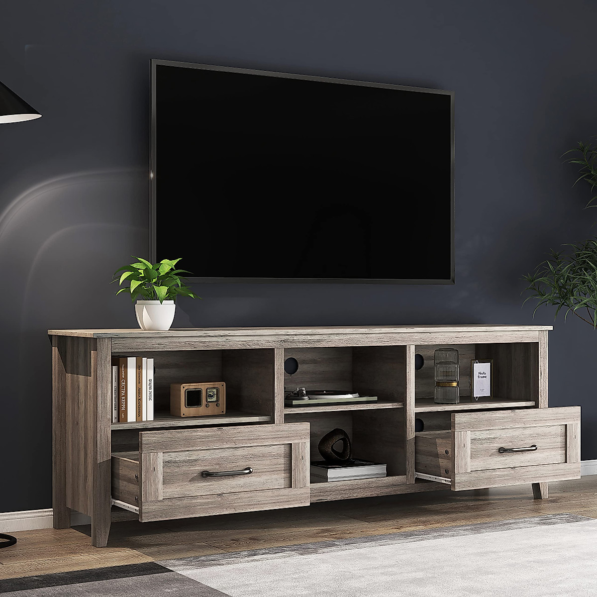 BAMACAR Grey TV Stand for 80 Inch TV, Large tv Stands 70-80 Entertainment Center with Storage, Grey TV Stand for 80 75+ 75 70 65+ 65 Inch TV Stands for Living Room, 80 Inch TV Stand 80 Inch TV Table