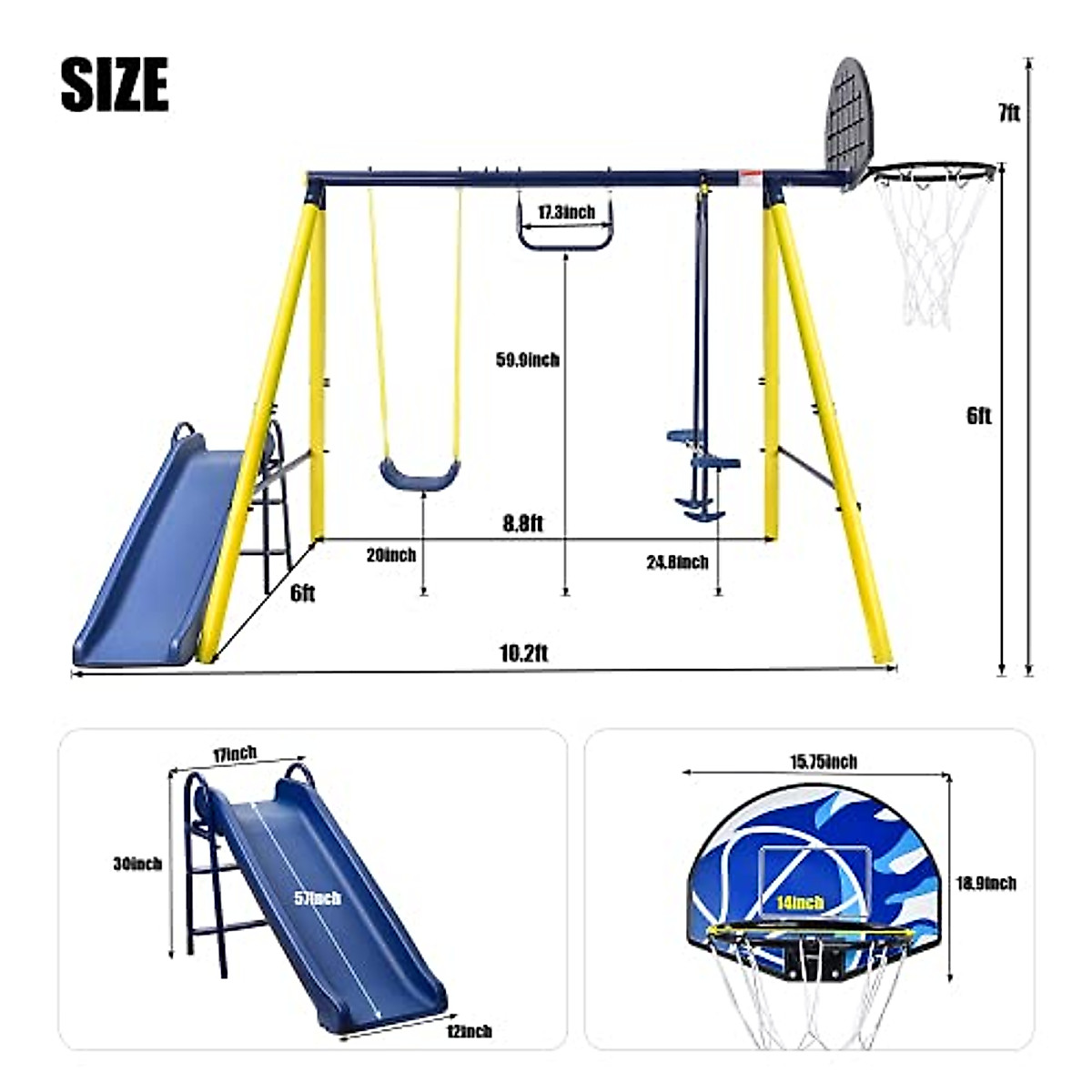 5 in 1 Outdoor Toddler Swing Set for Backyard, Playground Swing Sets with Steel Frame, Swing n' Slide Playset for Kids with Seesaw Swing, Basketball Hoop