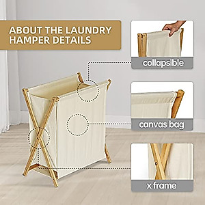Bellglee Collapsible Bamboo Wood Laundry Hamper, Wooden X Frame Foldable Laundry Basket, Clothes Sorter Organizer with Linen Canvas Laundry Bag for Bedroom or Bathroom