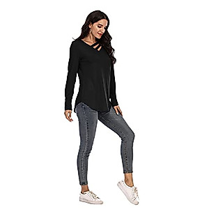 Davenil Women's Long Sleeve Shirts V-Neck Loose Tunic Tops Irregular Hem Casual T-Shirt Black Size XL