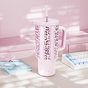 Meoky 40 oz Tumbler with Handle and Straw, Tumbler with Lid and Straw, Insulated Stainless Steel Travel Mug, 100% Leak-proof, Keeps Cold for 34 Hours or Hot for 10 Hours (Pink Leopard)