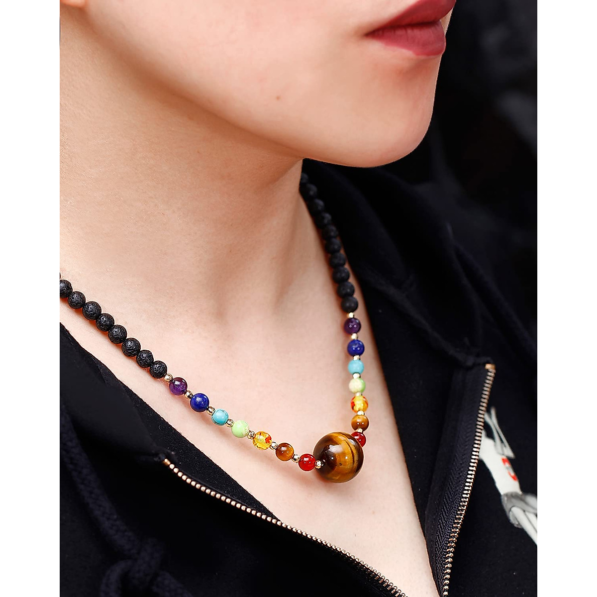 Jewever 7 Chakra Crystal Necklaces Healing Gem Stone Pendant Choker Necklace for Women Tiger Eye with Lava Rock Essential Oils Diffuser Energy Crystals Adjustable Strand（Yellow）