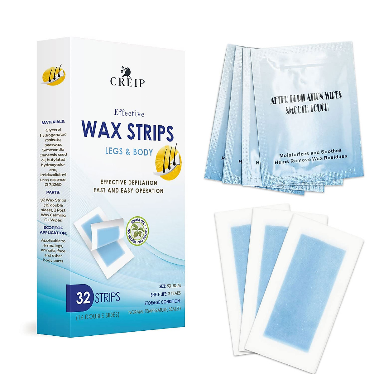 Creip Wax Strips, Hair Removal Wax Strips For Arm, Leg, Brazilian, Underarm Hair, Bikini, Waxing Kit with 32 Wax Strips