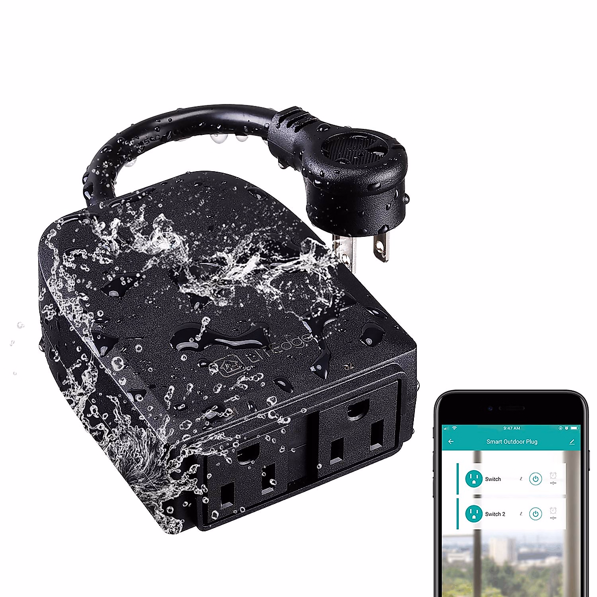 LITEdge Outdoor Smart Plug, WiFi 2-in-1 Plug Power Outlet, Compatible with Google Home & Alexa, APP Cordless Remote Control Smart Outlet Socket, Remote Control, Timer, Waterproof