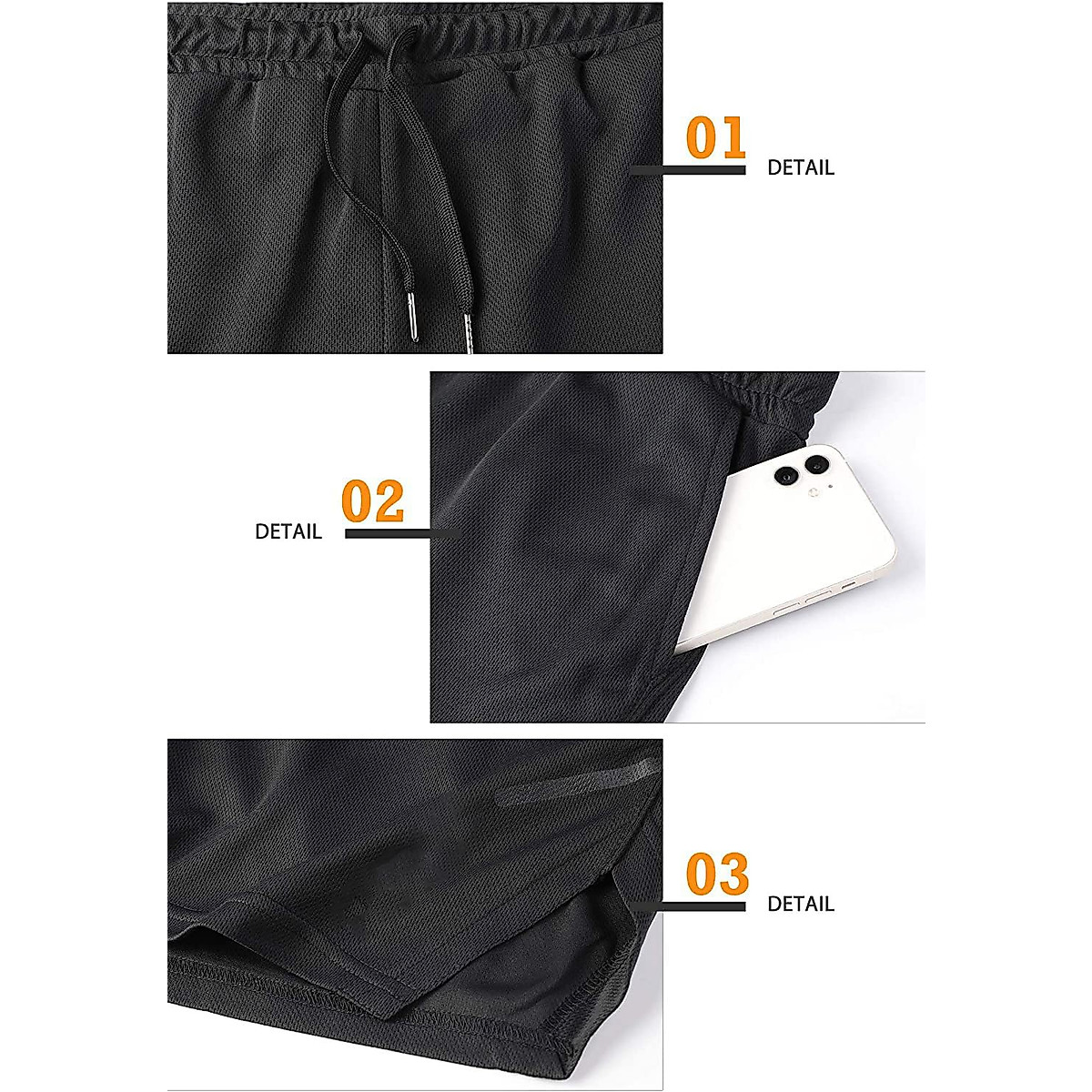 sandbank Men's Quick Dry Active Lightweight fitneess Bodybuilding Shorts with Pockets Black