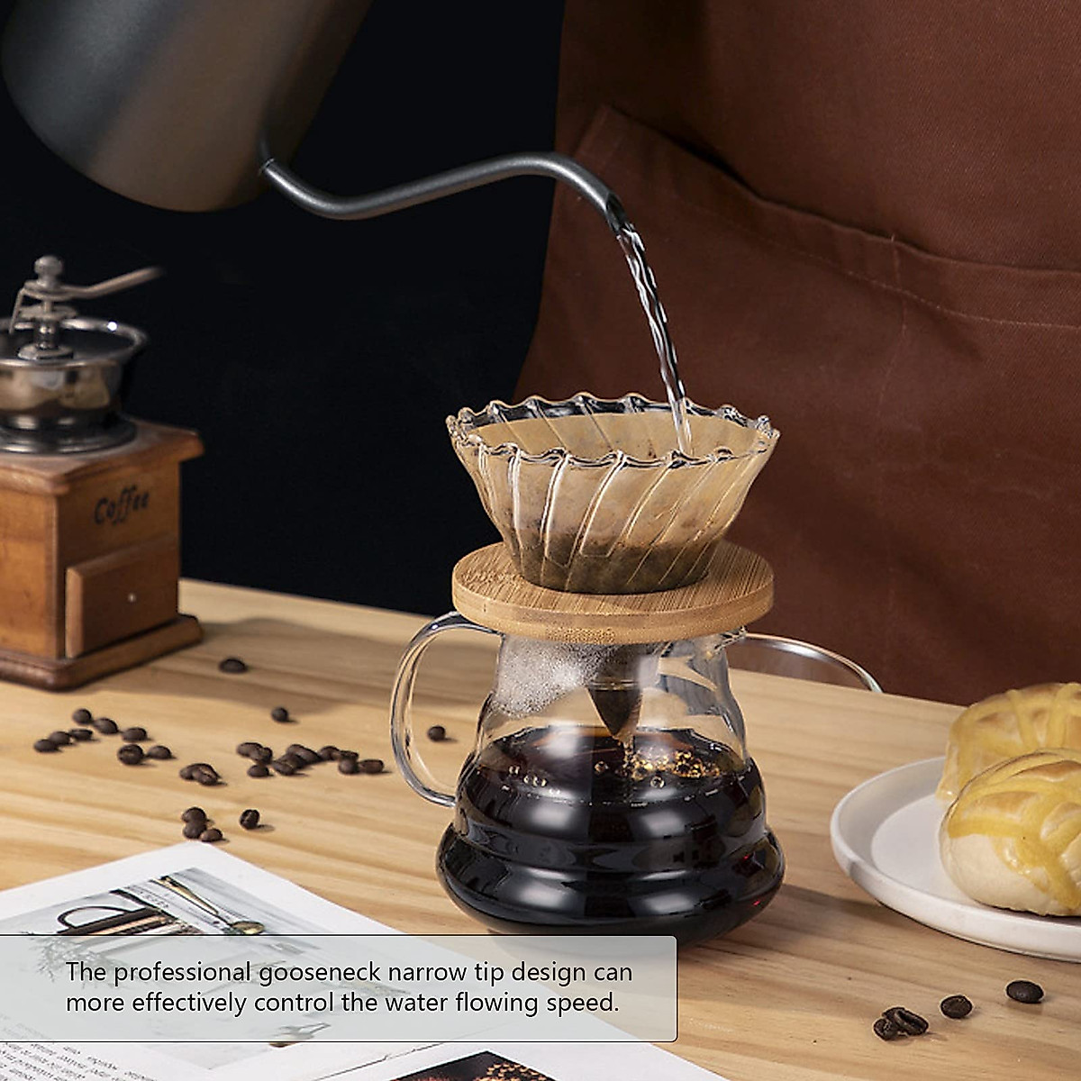 Black Tea Kettle, 350ml PTFE Coffee Kettle with Lid 304 Stainless Steel Pour Over Coffee Pot for Home Office (Black)