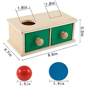 2 in 1 Mon-tessori Wooden Coins Balls Matching Box with 2 Drawers- Wood Coin Box with 5 Coins Object Permanence Box with 1 Wood Ball Preschool Learning Toys for Baby Toddler Infant Educational Gifts
