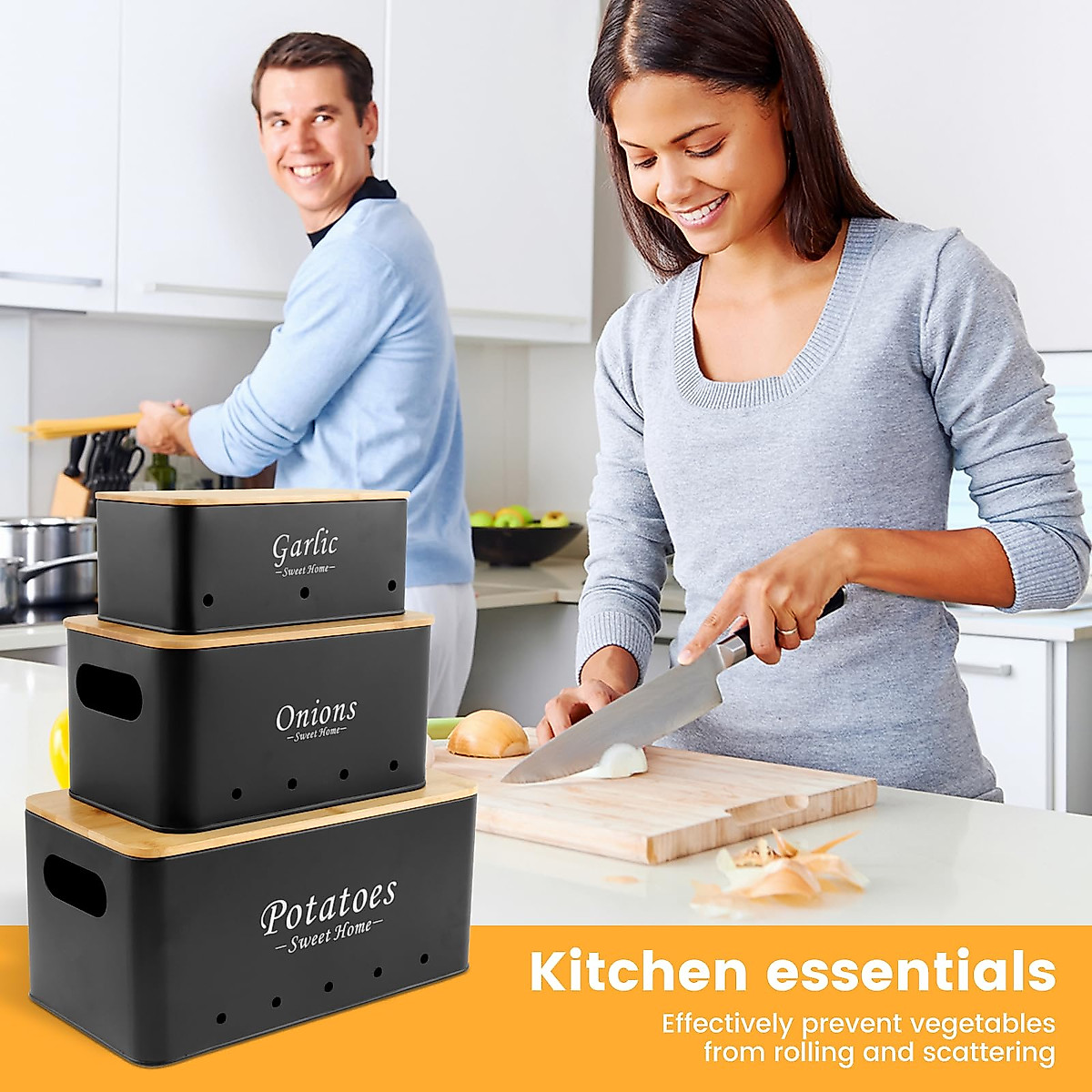 WHSUNVO 3Pcs Onion Garlic Potato Storage Box Set Carbon Steel Potato Onion Storage Bin with Vent Hole Multipurpose Vegetable Keeper Containers Potato Onion Garlic Jars Storage Canisters(Black)