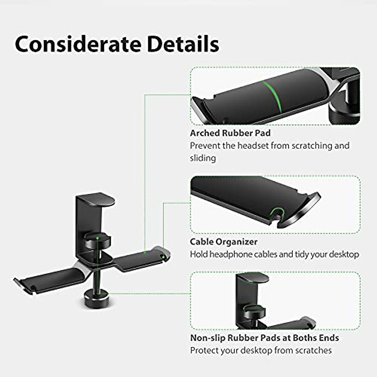 Dual Headphone Stand Hanger Under Desk, APPHOME 360 Degree Rotating PC Gaming Headset Holder Aluminum Clamp Hook Space Save Mount, Universal Fit All Headphones, Black