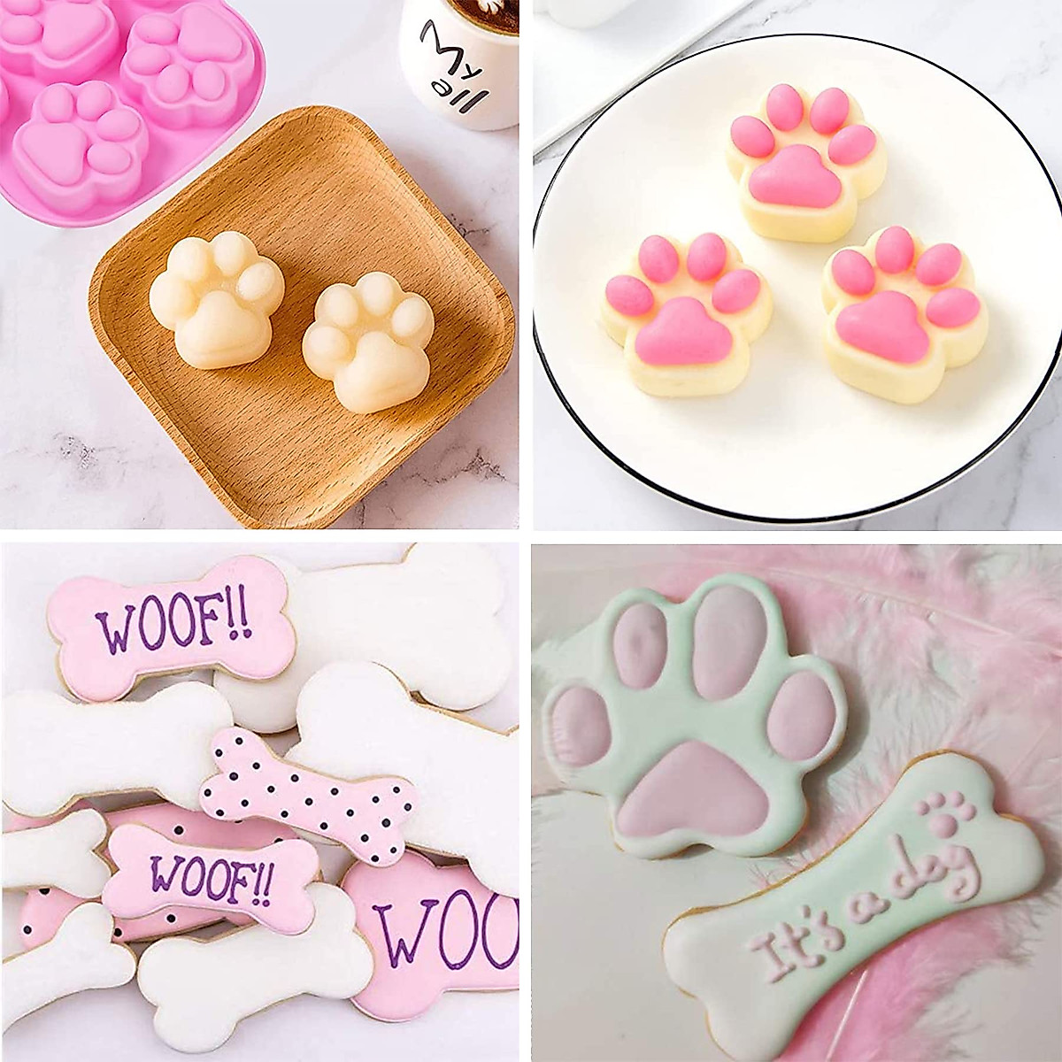 2 in 1 Silicone Molds，2 Pack Silicone Puppy Paw Print & Dog Bone Shaped Molds ，with 3 Packs Stainless Steel Bone Cookie Cutter-Blue&Pink-Set of 5