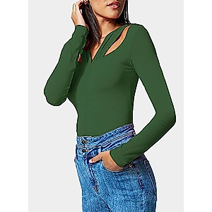 Dokotoo Women's Cross Wrap Ruched Plunge Sexy Deep V Neck Slim Fit Long Sleeve T Shirt Tunic Tops Tee Green XL