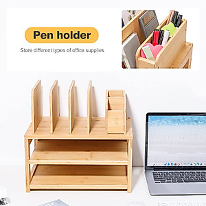 Homde Bamboo Desk Organizer with File Holder, Office Organization for Desks with Adjustable Pen Holding, Desktop Letter Paper Tray Storage for Workplace Home School (3-Tier,Natural)