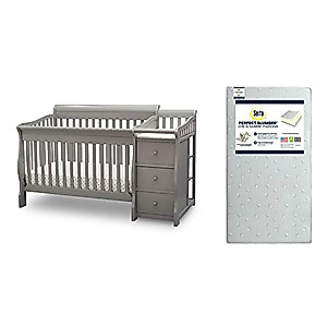 Delta Children Princeton Junction Convertible Crib N Changer, Grey + Serta Perfect Slumber Dual Sided Recycled Fiber Core Crib and Toddler Mattress (Bundle)