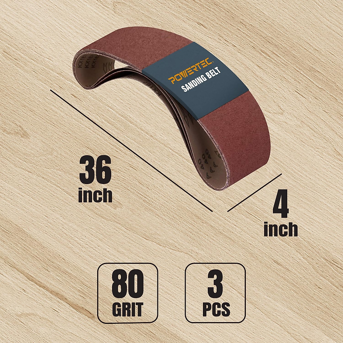 POWERTEC 110683 4 x 36 Inch Sanding Belts | 80 Grit Aluminum Oxide Belt Sander Sanding Belt | Sandpaper for Belt and Disc Sander – 3 Pack