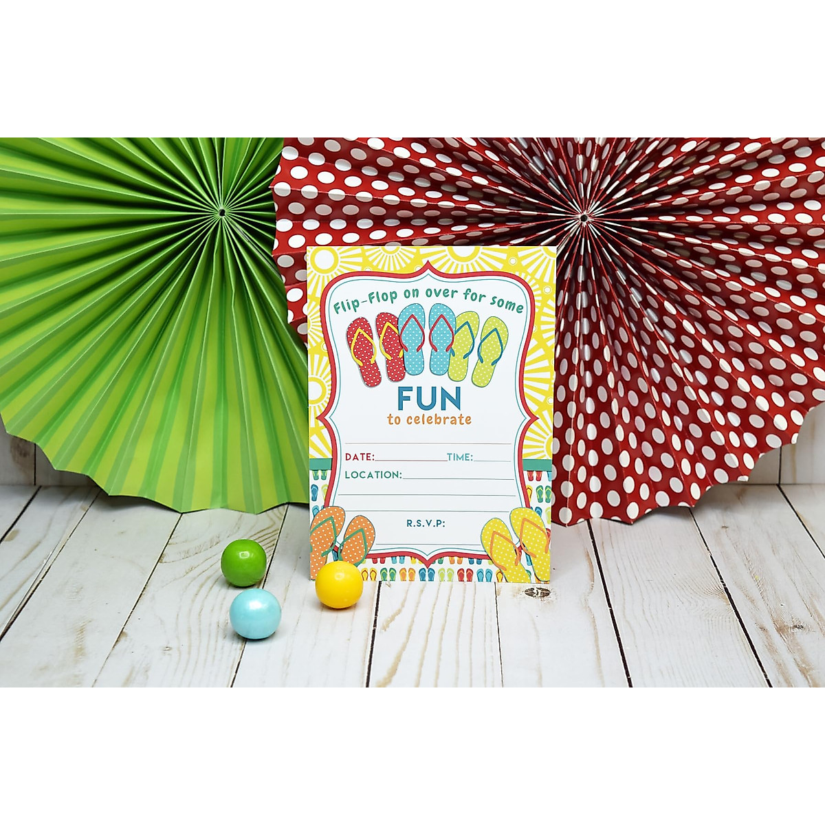 Amanda Creation Flip Flop Birthday Party Fill In Invitations set of 20 with envelopes. Perfect for Summer parties, graduation, family reunions, barbeques and more