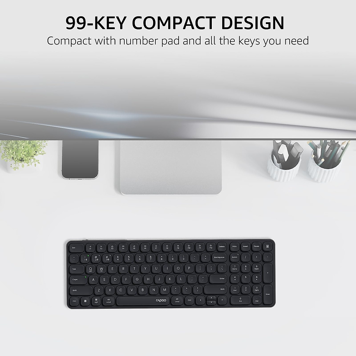 Rapoo E9350L Rechargeable Wireless Keyboard, Support 4 Devices, Ultra-Slim with Indicator Light, Quiet, 90-Day Battery Life, Full Size Keyboard with Numeric Keypad for Windows/Mac/Linux/Chrome, Black