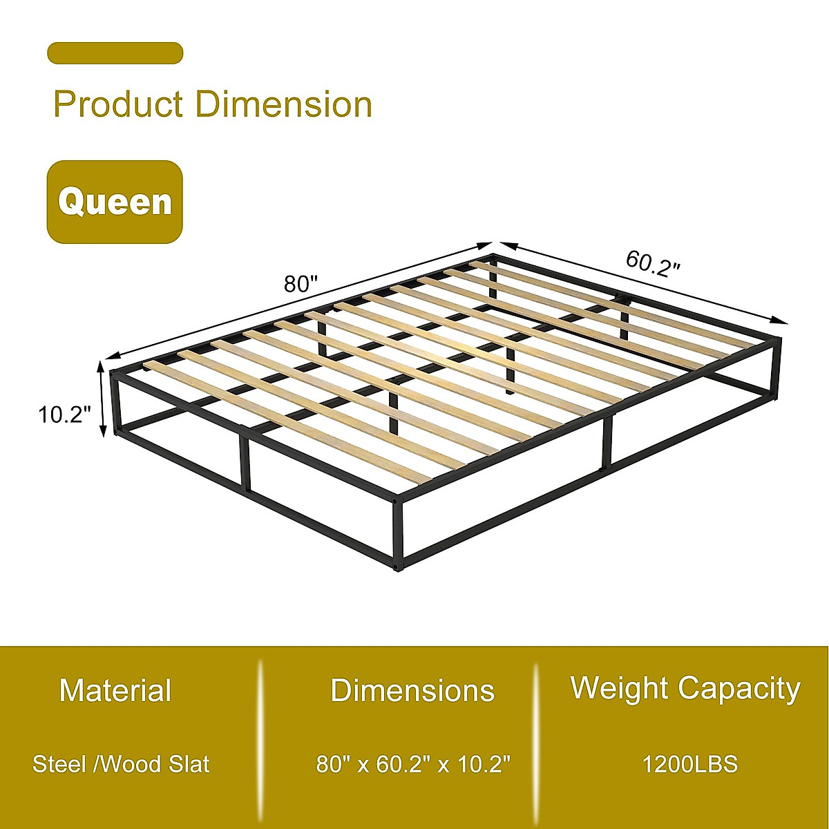 Mhjinuwet Queen Size Bed Frame, 10" Metal Platform with Wooden Slats, Easy Assembly, No Box Spring Needed