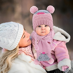 Hicdaw Toddler Winter Hat Scarf Gloves Set Baby Winter Hat Knit Beanie Hat Polar Fleece Warm Hat Cap for 1-4 Years Old Kid Boys Girls