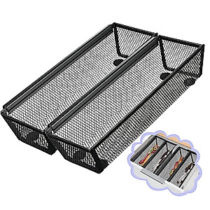 Fodofodo 2PCS Drawer Organizer,Drawer Organizer for Kitchen,Utensil Mesh Drawer Organizer with Interlocking Arm for Cosmetic,Flatware,Pen (9 * 3 * 2 Inches,Black)