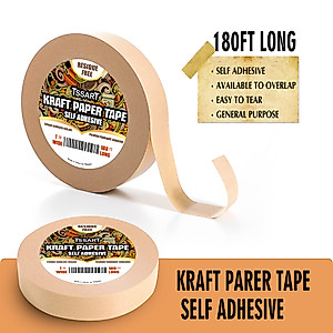 TSSART Kraft Paper Tape K49 - Self Adhesive Brown Frame Backing Tape Packing Tape with Oxidation Resistance for Picture Framing, Masking, Sealing and Packaging Use - 1inch Wide 180FT Long