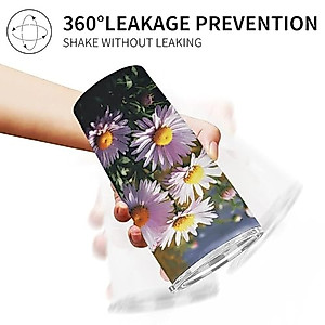 FHENMSA Stainless Steel Insulated Travel Coffee Mug,Daisy Plants Print Reusable Car Cup,Thermal Cup for Outdoor with Straw And Lid