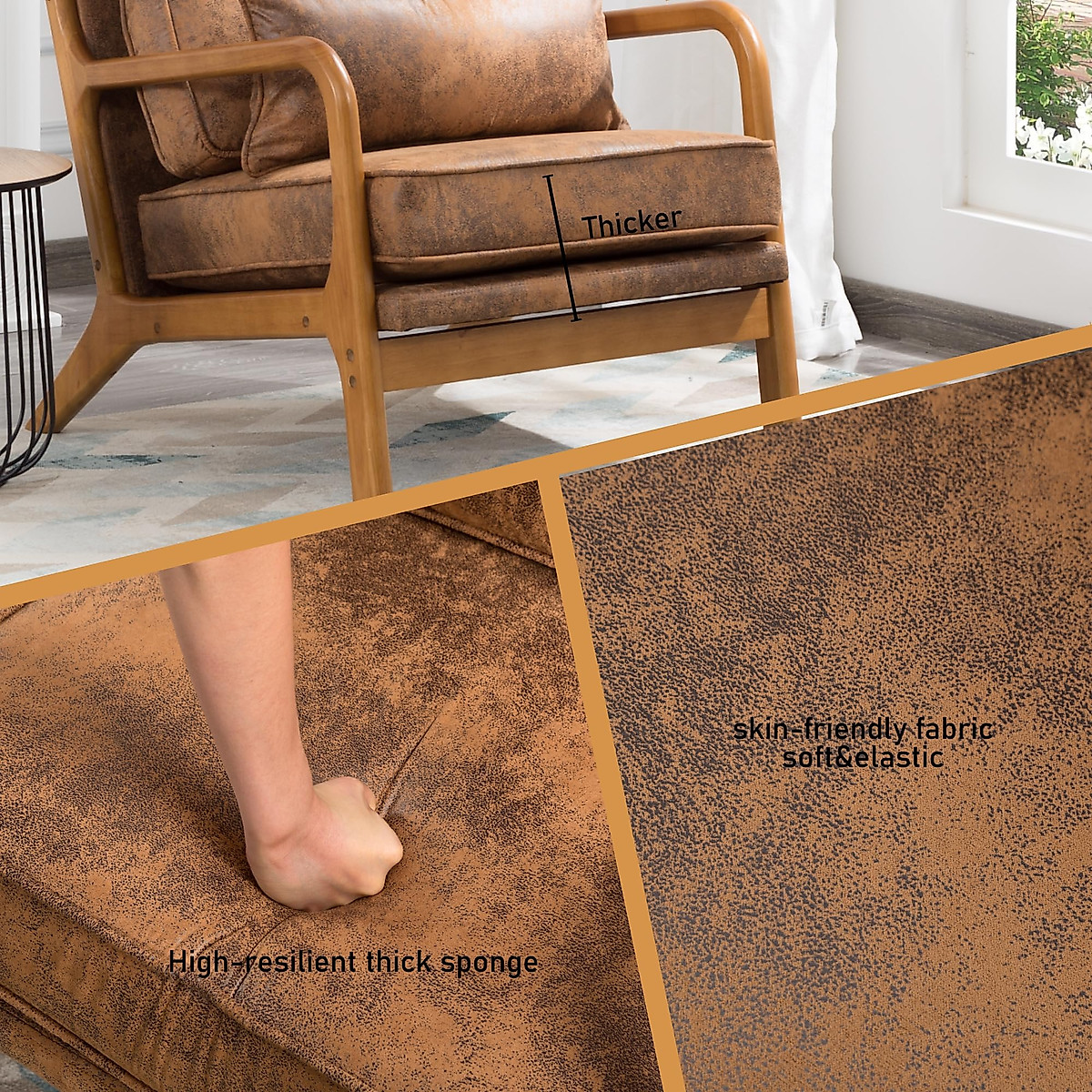 Hosnnile Accent Chair with Cushion, Mid-Century Modern Upholstered Single Reading Armchair with Hot-Stamping Cloth + Solid Wood Frame for Living Room, Bedroom, Lounge, Balcony (Brown)