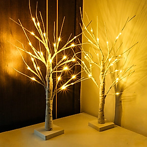 2PK 2FT 24LED Lighted Birch Tree Artificial Branch Tree, Tabletop Christmas Tree Lamp Battery Operated with Timer for Indoor Bedroom Xmas Party Wedding Festival Home DIY Decorations (Warm White)