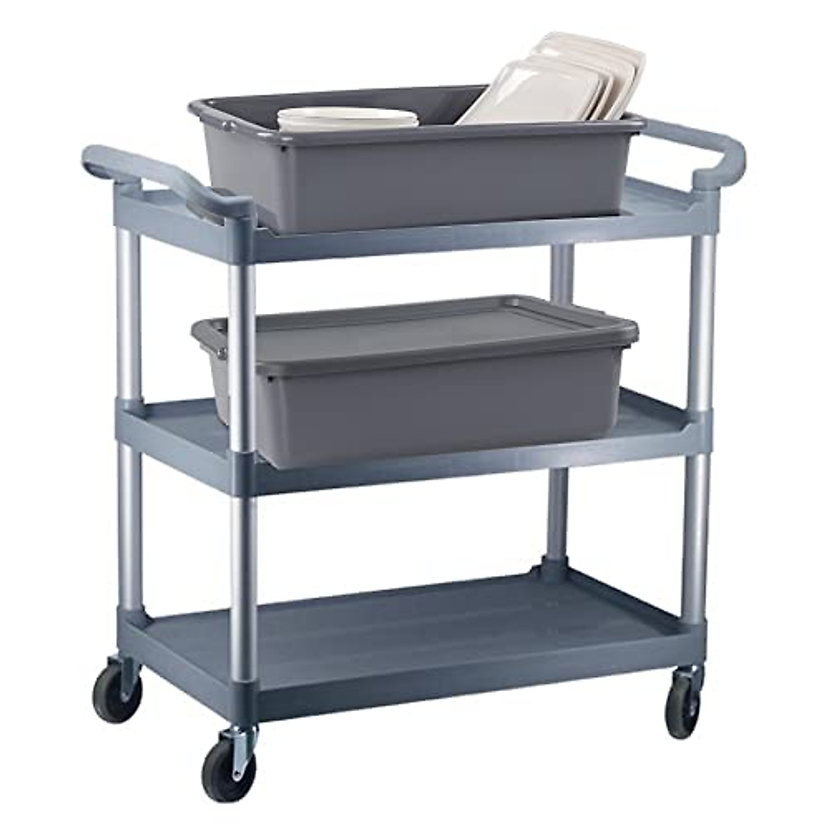 Jekiyo 13 L Plastic Bus Tray with Lid, 4 Pack Bus Tub Box, Grey