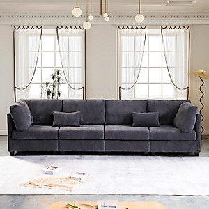 MYINDA Sectional Couches for Living Room, Convertible 4-Seat Deep Modular Couch with Movable Ottoman, Modern L Shaped Couch, Comfy Corduroy Upholstered Corner Sofa & Couches (Dark Gray)