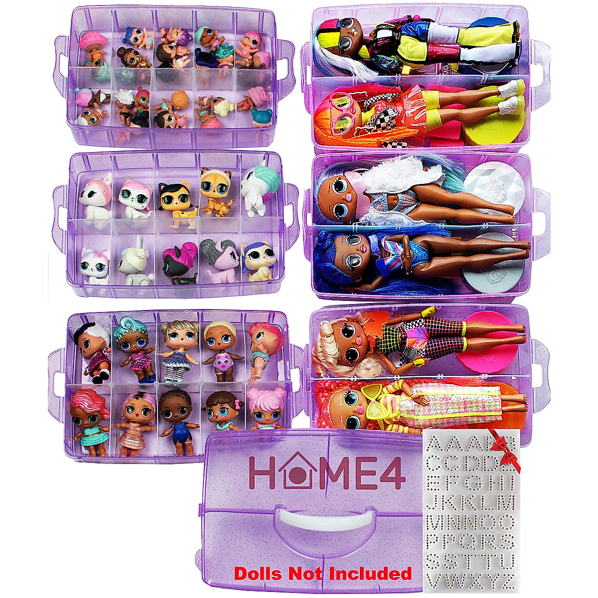 HOME4 No BPA 60 Adjustable Compartments 6 Layers Stackable Storage Container Organizer Carrying Display Case, Compatible with Small Toys Lol, Shopkins, Omg (Dolls Not Included) (Purple)