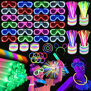 SHQDD 248 PCS Glow Party Supplies, 24 PCS Foam Glow Sticks, 24 PCS LED Glasses and 200 PCS Glow Sticks Bracelets, Neon Party Favors for Glow Party, Wedding, Concert, Raves and Birthday