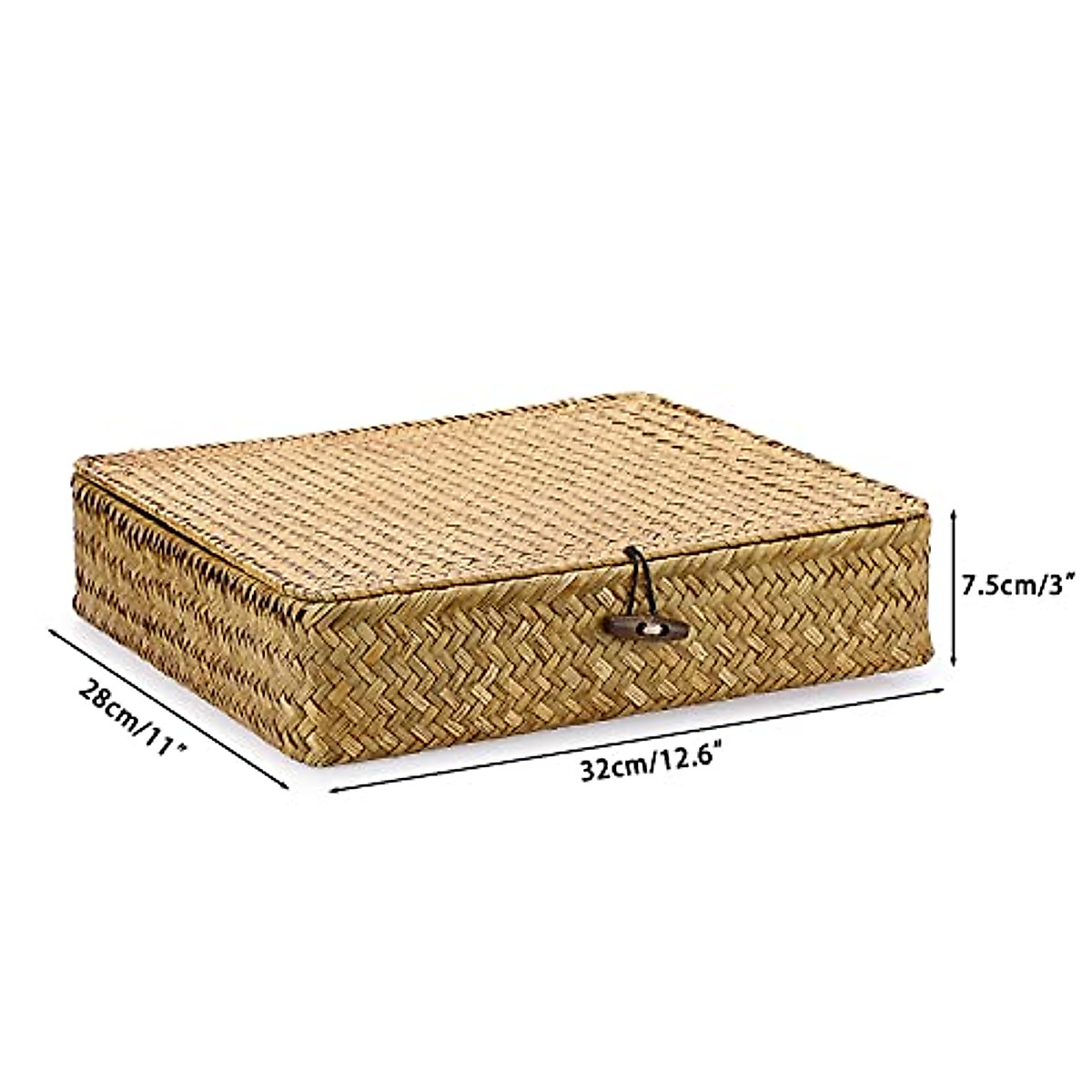 BTSKY 1 Pack Large Wicker Basket With Lid Flat Woven Storage Bins for Shelf Organizing Natural Seagrass Storage Baskets with Lids Home Utility Organizer Box for Home & Office Supplies, Caramel