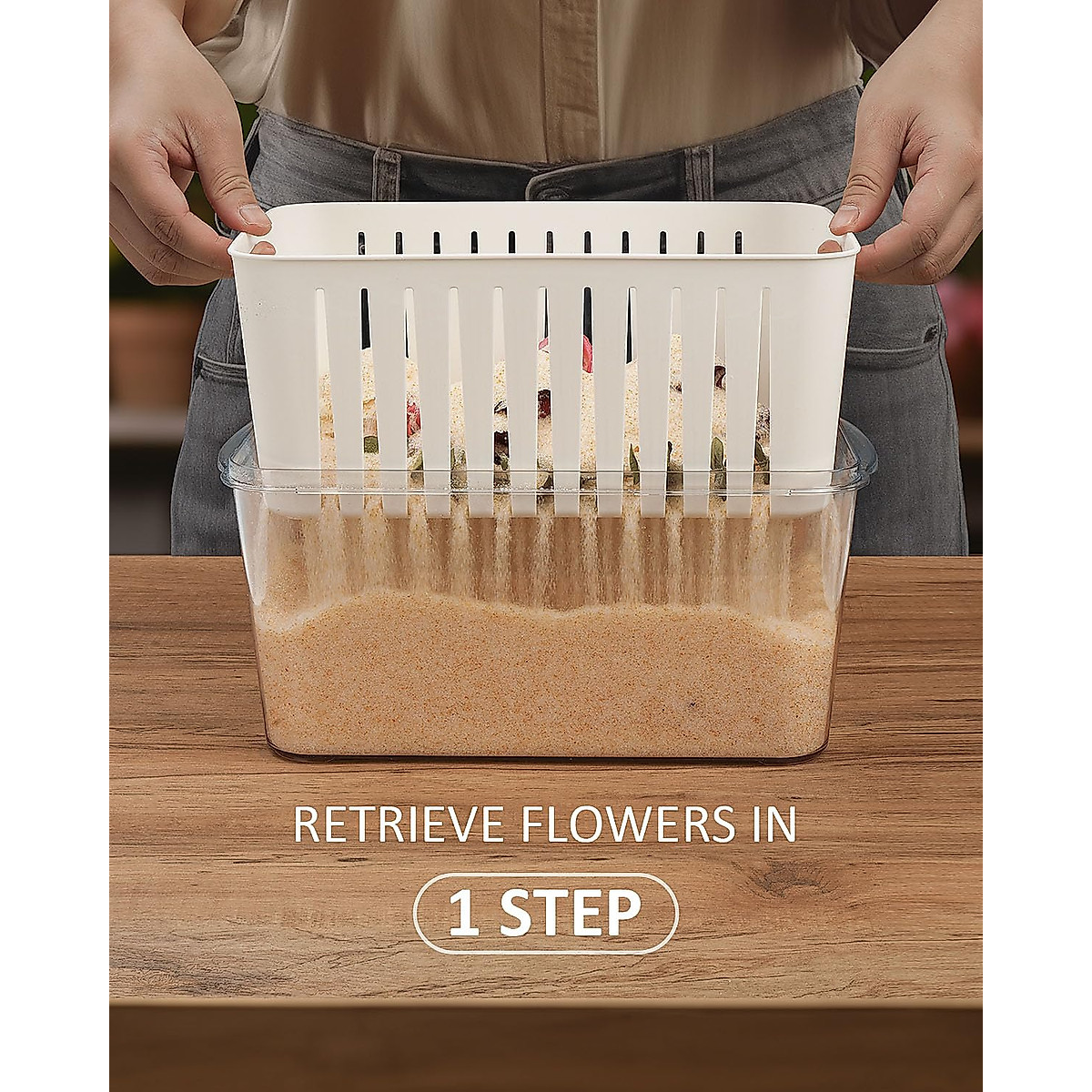 wisedry Silica Gel Flower Drying Container, One Step Retrieve Dried Flowers, 11.5''L X 7.7''W X 6''H Storage Box with Cleanup Mat, Erasable Pen & Adhesive Label (Silica Gel Crystals Not Included)