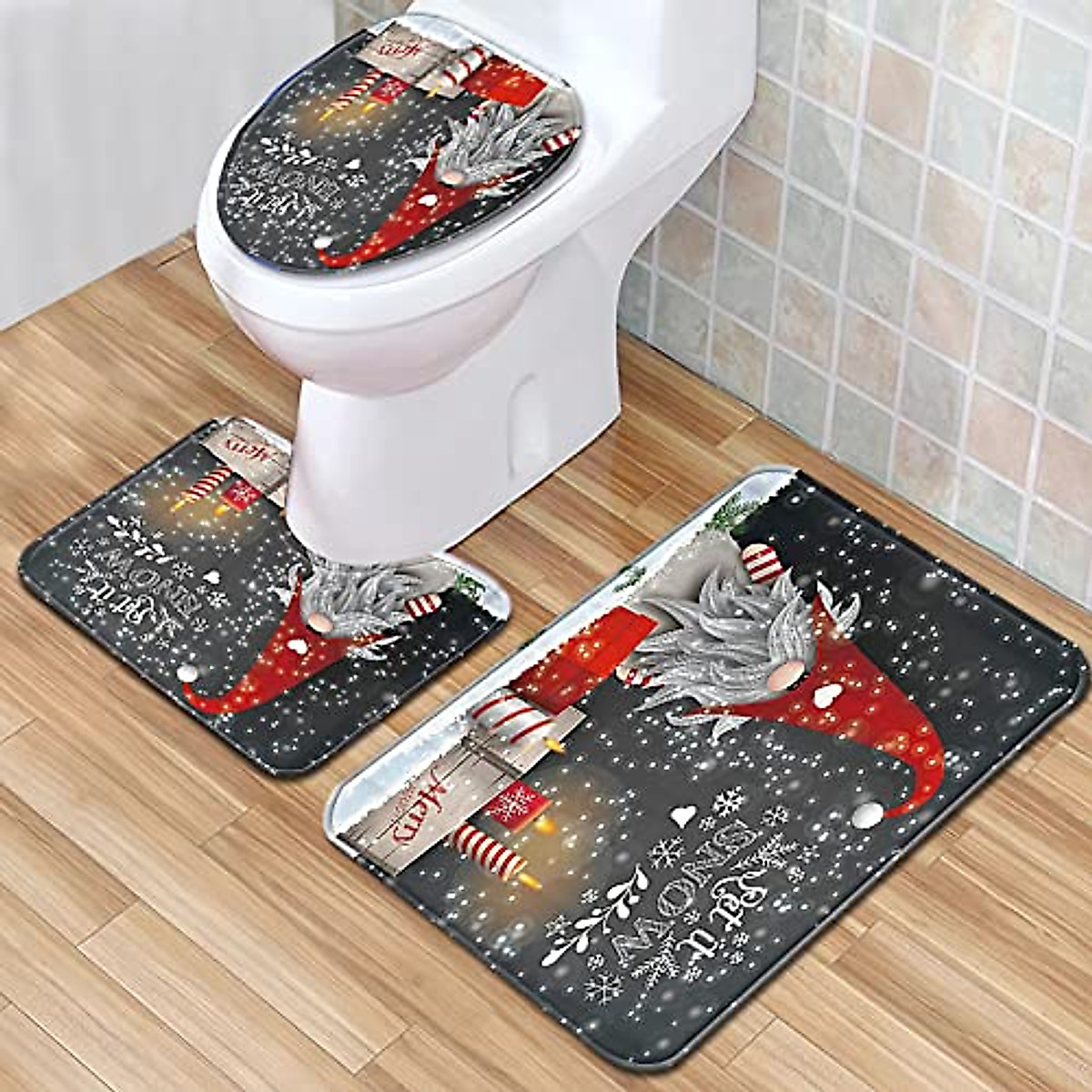 CHERSE Christmas Gnome 3 Piece Bath Rugs Sets Santa Claus Gnome Bathroom Mats Set Non Slip Water Absorbent U-Shaped Contour Toilet Mat Winter Snowy Toilet Lid Cover (Gnome A008)