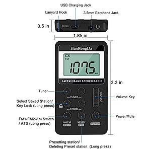 HanRongDa Portable Radio AM/FM Walkman with Excellent Reception and Stereo Sound, Pocket Radios with 58 Preset Stations, Built-in 500mAh Battery for Walking, Jogging, Mowing and Traveling HRD-103