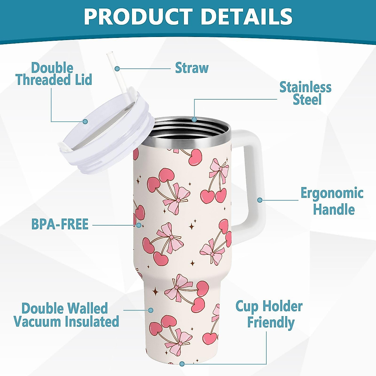 Slewiaeky Bow Coquette Heart 40 oz Tumbler with Handle Straw and Lid Cherry Stainless Steel Vacuum Insulated Reusable Water Bottle Glasses Travel Mug Thermal Cup for Home Office Car