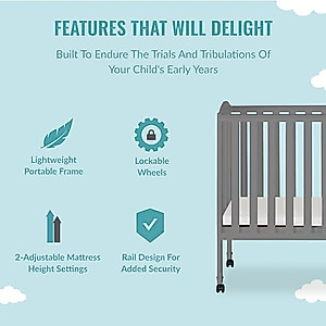Dream On Me 2-in-1 Portable Folding Stationary Side Crib in Storm Grey, Greenguard Gold Certified, Two Adjustable Mattress Height Positions,Made of Solid Pinewood, Flat Folding Crib